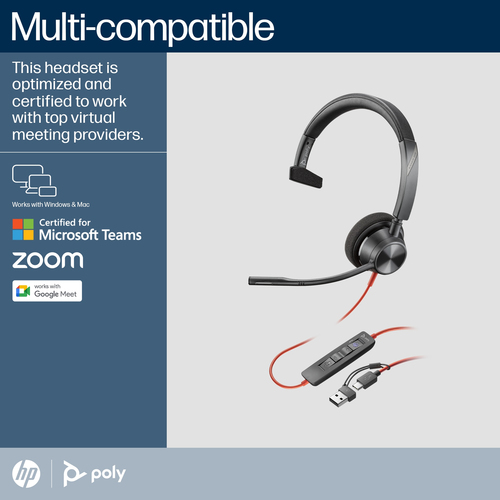 POLY Blackwire 3310 Monaural Microsoft Teams Certified USB-C Headset ...