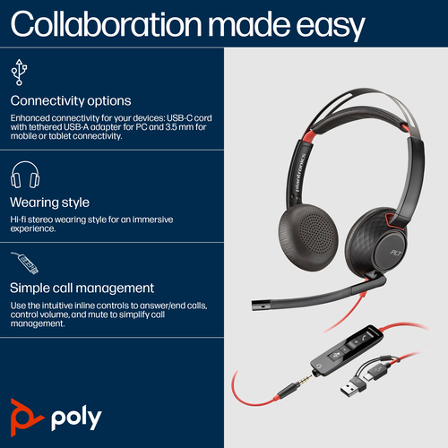 POLY Blackwire 5220 Stereo USB-C Headset +3.5mm Plug +USB-C/A Adapter ...